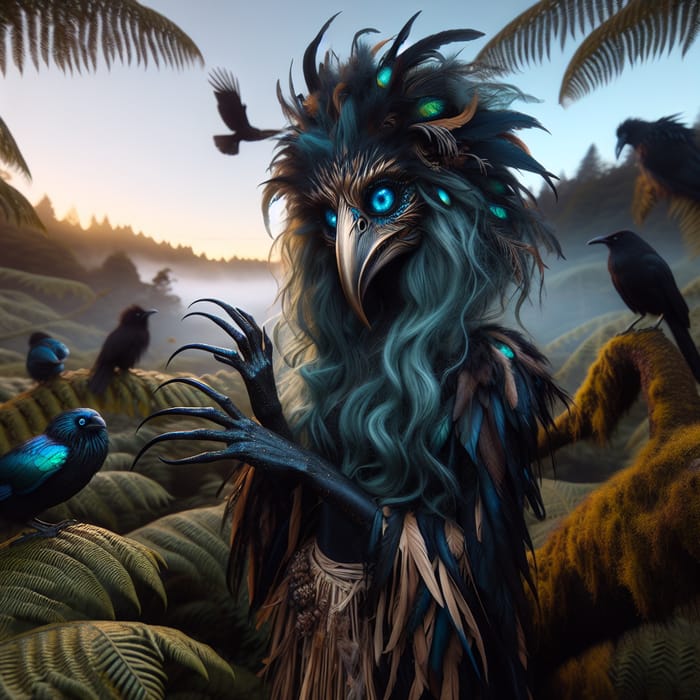 Ethereal Bird-Witch with Opal Eyes in New Zealand Fern Forest | AI Art ...