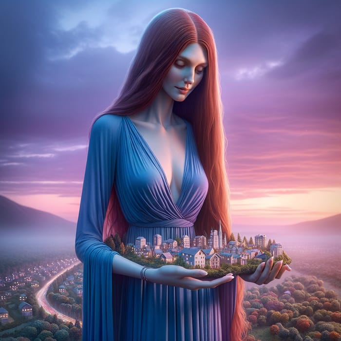 Enchanting Giantess Woman Enjoys Tranquil Evening with Minature City ...