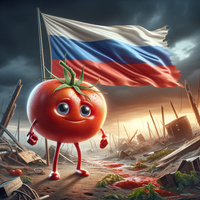 Hero Tomato in Russian Flag Battlefield | AI Art Generator | Easy-Peasy.AI