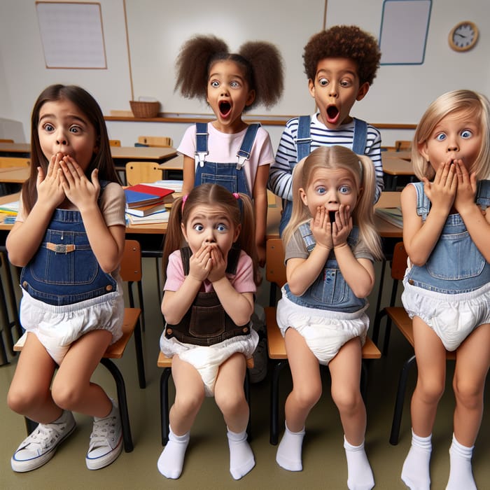 Surprised Kids in Diaper-Like Overalls in Classroom | AI Art Generator ...