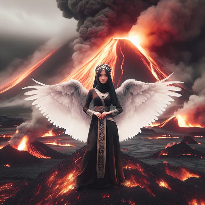 Winged Uighur Beauty Amid Volcanic Eruption | AI Art Generator | Easy-Peasy.AI
