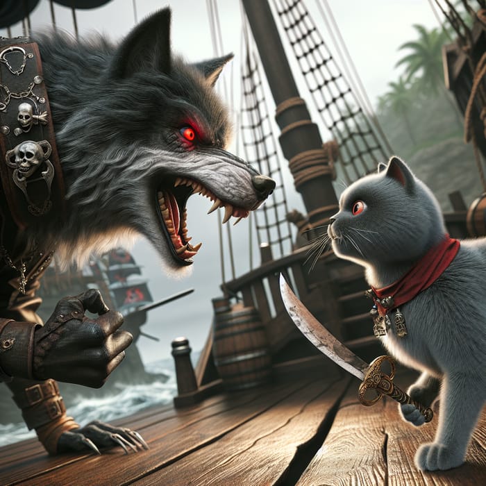 Confrontation: Ghastly Wolf-Pirate vs Grey Cat-Pirate Battle | AI Art Generator | Easy-Peasy.AI