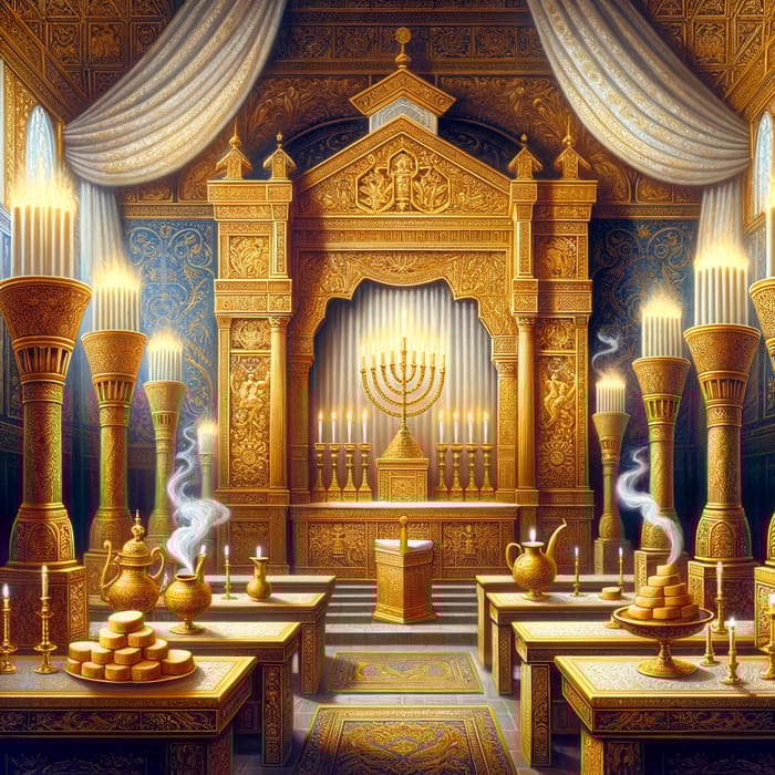 Golden Tabernacle Interior with Lampstand, Table, and Altar | AI Art Generator | Easy-Peasy.AI