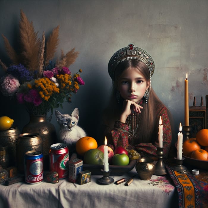 Russian Girl with Kokoshnik in Traditional Table Scene | AI Art Generator | Easy-Peasy.AI