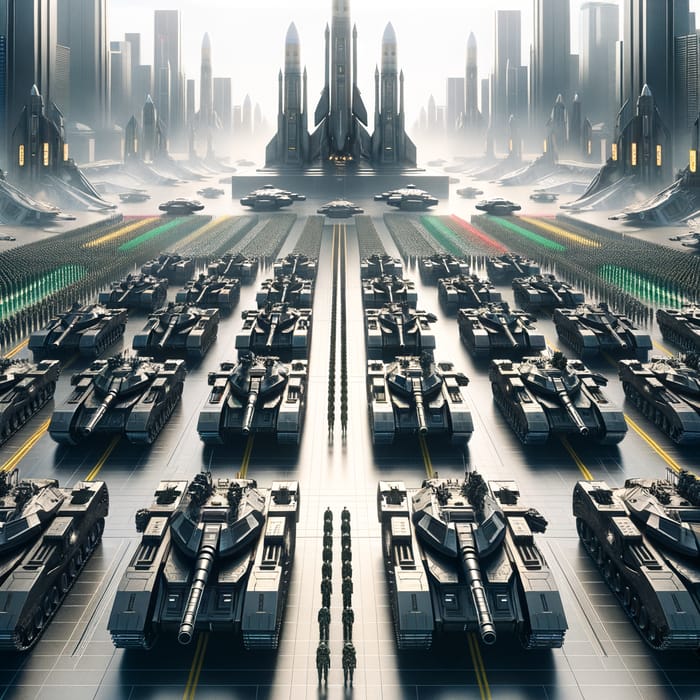 Futuristic Black Tanks Military Parade in City Square with Skyscrapers ...