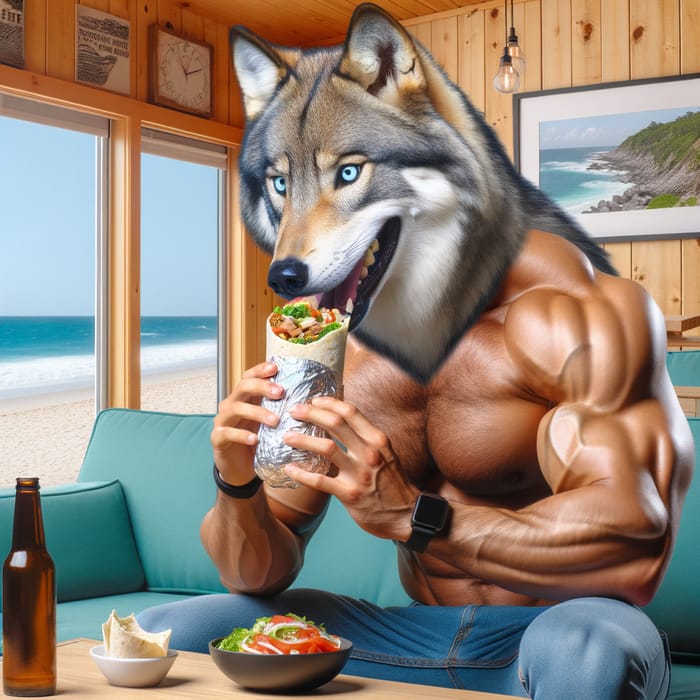 Beach House: Fitness Wolf Eating Burrito | AI Art Generator | Easy-Peasy.AI