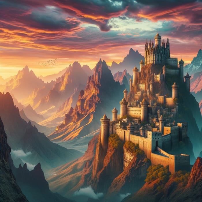 Epic Mountain Landscape with Aden Castle at Sunset | AI Art Generator ...