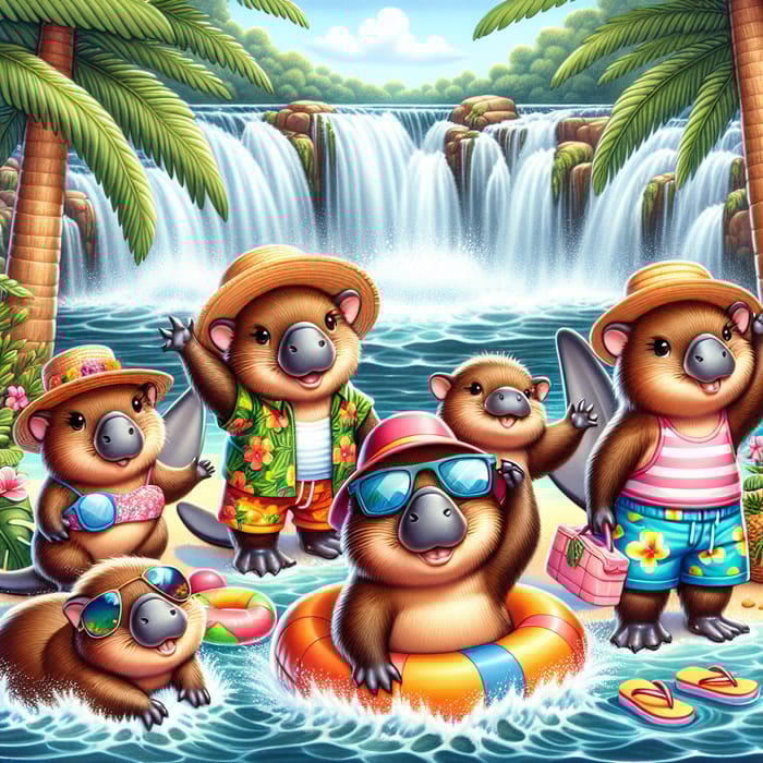 Vibrant Platypuses Beach Pool Party by Cascading Waterfall | AI Art ...