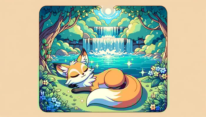 Charming Three-Tailed Fox Sleeping by Tranquil River | AI Art Generator ...