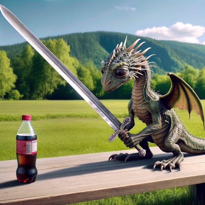 Feeble Dragon Comedy: Scraggly Dragon With Long Sword and Soda | AI Art ...
