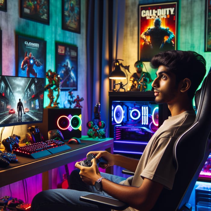 Young South Asian Gamer in Brightly Lit Gaming Room | AI Art Generator ...