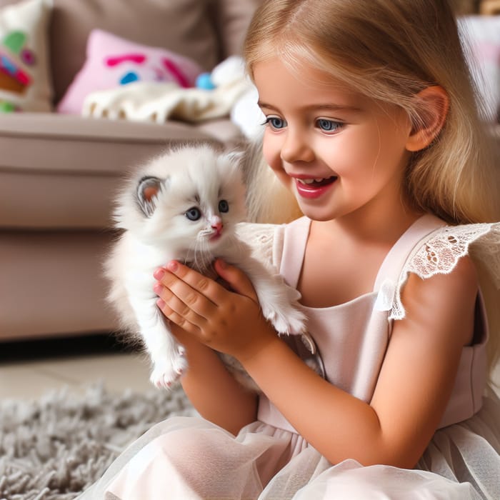 Adorable 4-Year-Old Girl Holding White Kitten | AI Art Generator | Easy ...