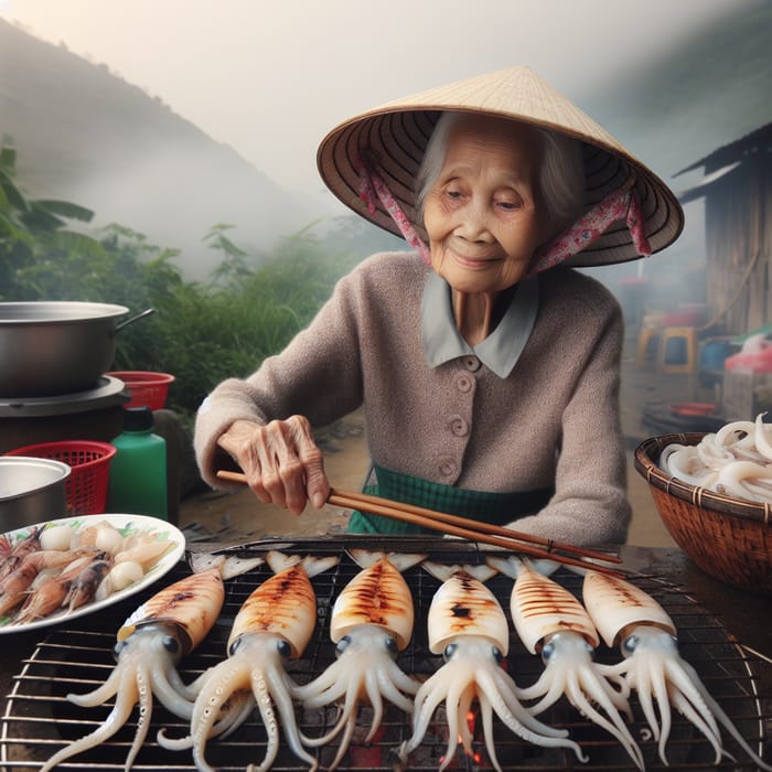 Vietnamese Octopus BBQ | Senior Lady Grilling | AI Art Generator | Easy-Peasy.AI