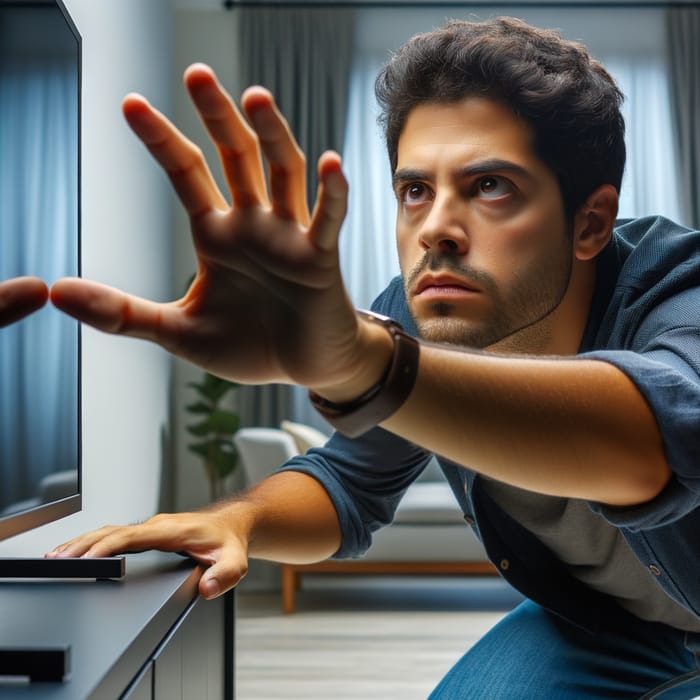 Young Hispanic Man Reaching Towards Television Screen with ...