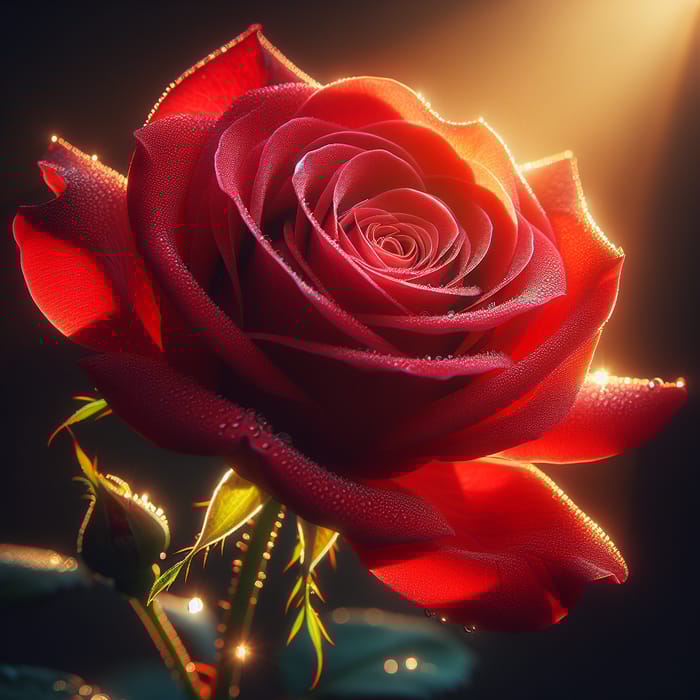 Vibrant Red Rose in Full Bloom - Close-Up Image with Dew Drops | AI Art Generator | Easy-Peasy.AI