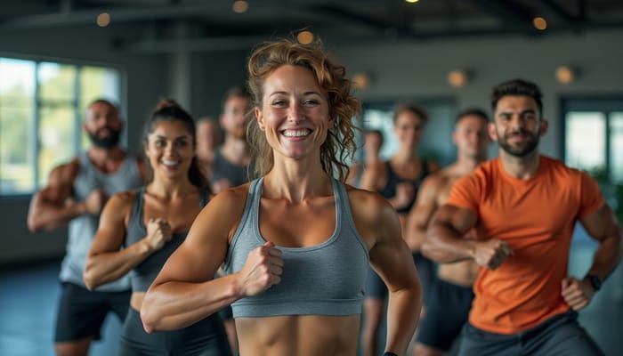 Vibrant Group Fitness Exercise in Modern Gym | AI Art Generator | Easy ...
