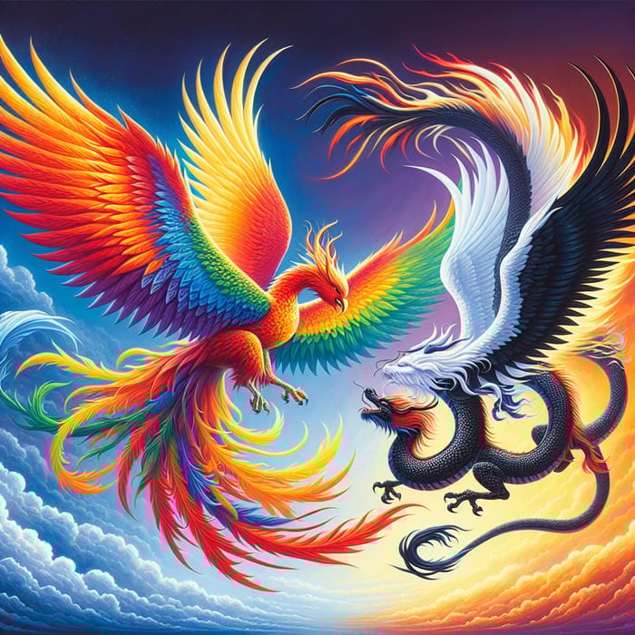 Harmony of Vibrant Phoenix and Majestic Dragon | AI Art Generator ...