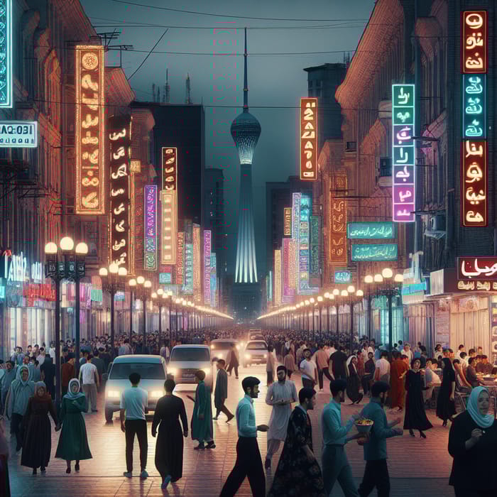 Night Life in Tashkent: Busy Street, Neon Signs, and Diverse People ...
