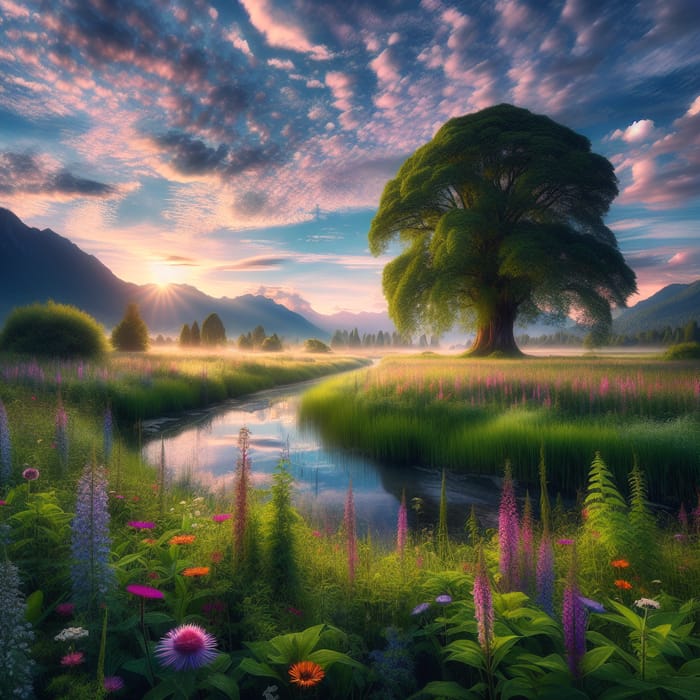 Tranquil Landscape with Majestic Tree, River, and Mountains | Nature ...