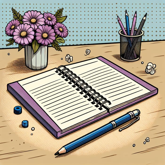 Lavender Spiral Journal with Pencil, Pen, and Flowers on Table | AI Art ...