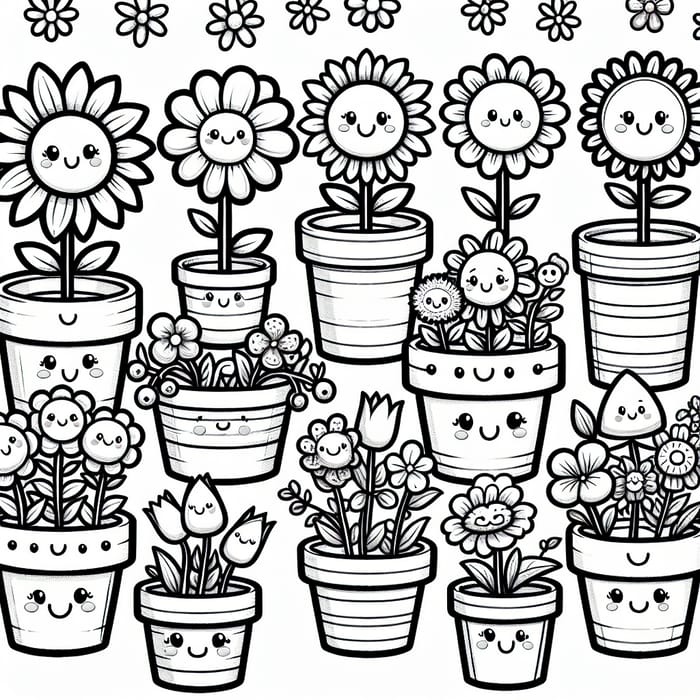 Coloring Book: Smiling Flowers & Cute Flower Pots | AI Art Generator ...