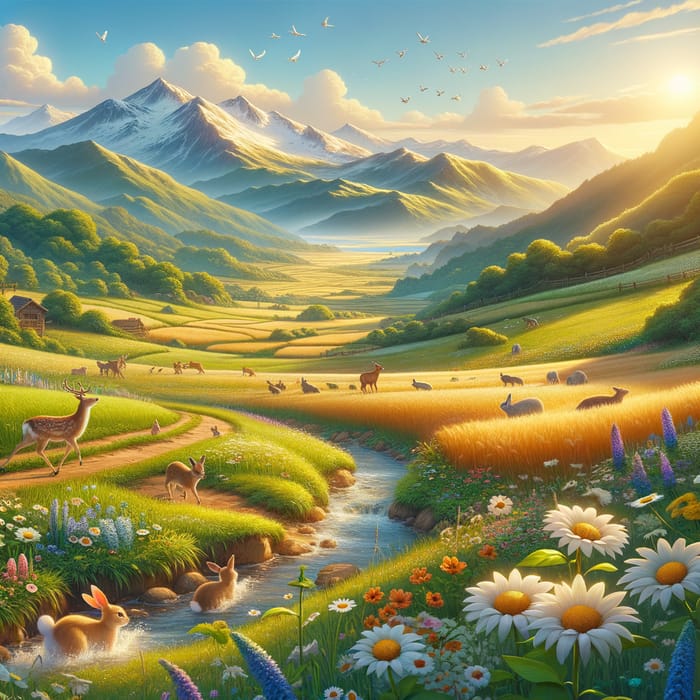 Happy Nature Scene with Wildlife and Rolling Hills | AI Art Generator ...