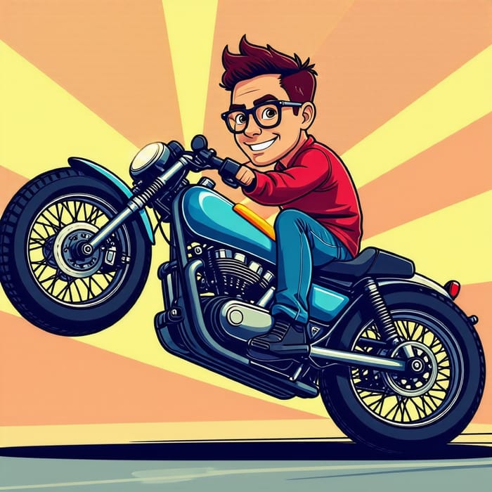 Nerd on Motorbike with Front Wheel Up Cartoon | AI Art Generator | Easy ...