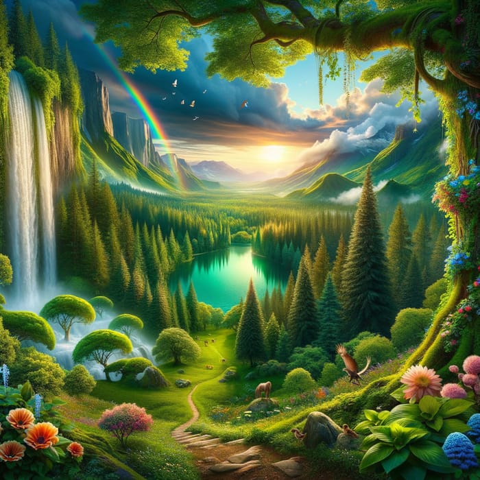 Nature's Beauty: Magnificent Landscape with Waterfalls and Rainbow | AI ...