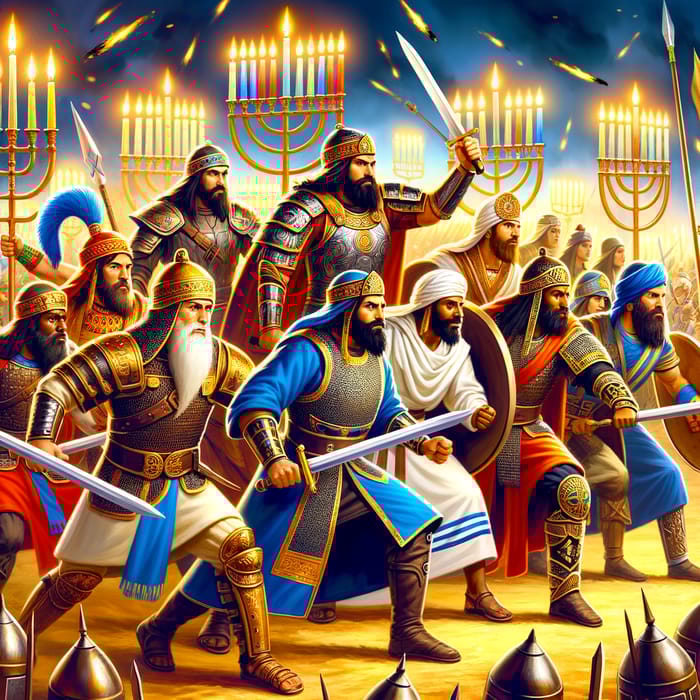 Mighty Maccabee Army Defending Chanukkah and Menorahs | AI Art Generator | Easy-Peasy.AI