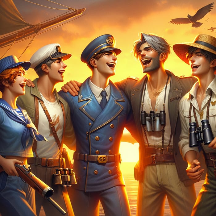 Warm Sunset Reunion of Sailor, Cook, Captain, Marksman & Swordsman | AI ...