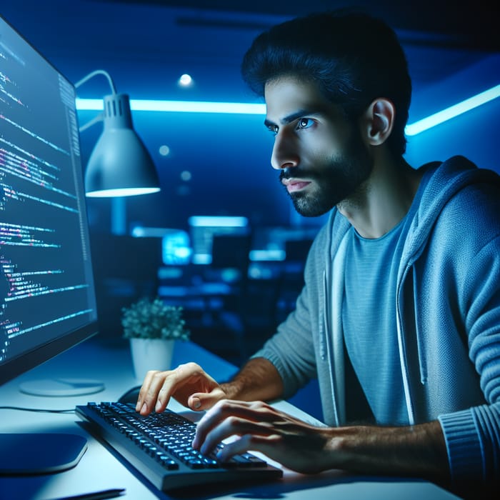 Middle Eastern Man Programming on a Cool Computer | AI Art Generator ...