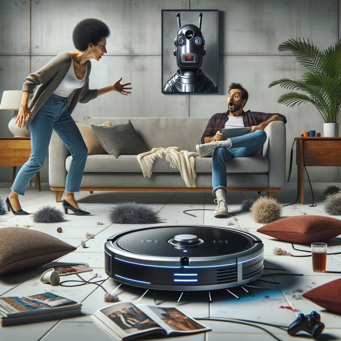 Rebellious Robot Vacuum Creates Chaos in Modern Living Room Scene | AI ...