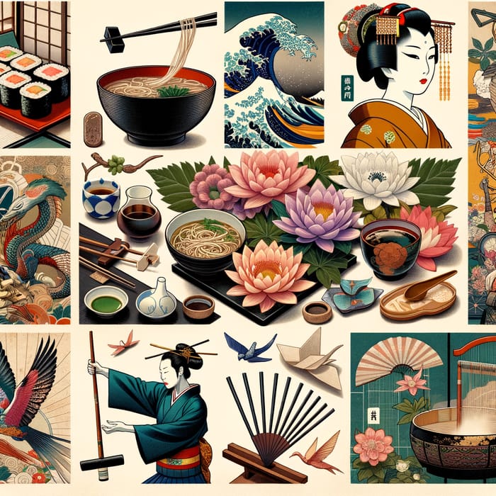 Vibrant Japanese Culture Collage: Sushi, Ramen, Ukiyo-e, Kabuki & More ...