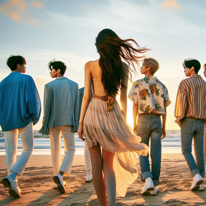 BTS Kpop Group and Beautiful Woman Back at Beach | AI Art Generator ...