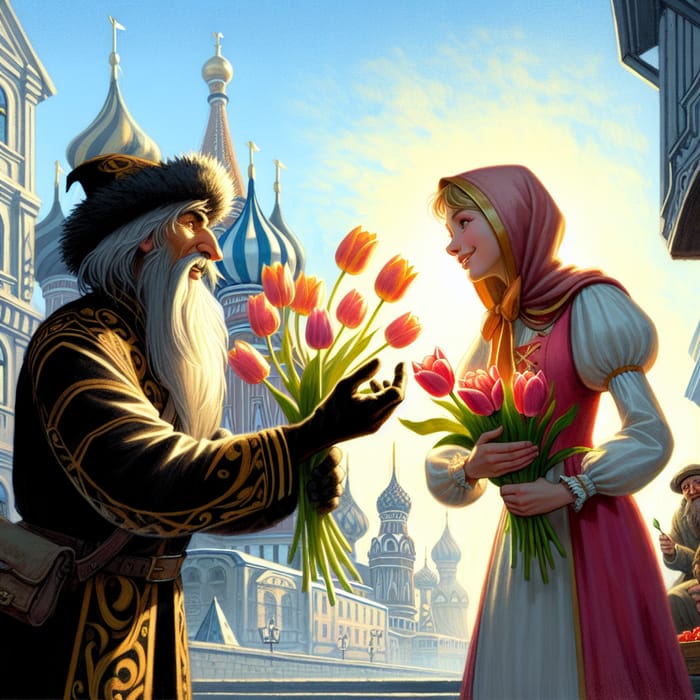 Ivan the Fool Giving Tulips to Hermione in Moscow Sun | AI Art ...