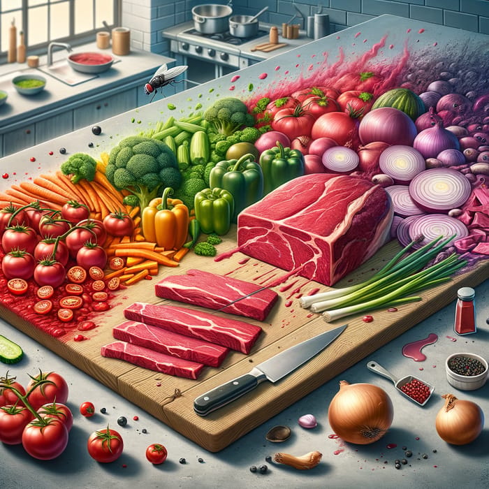 Cross Contamination Risks in Kitchen: Meat and Vegetables on Same ...