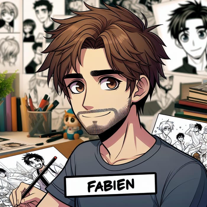 Fabien Drawing with Brunette Hair and Beard, Surrounded by Cartoons and ...