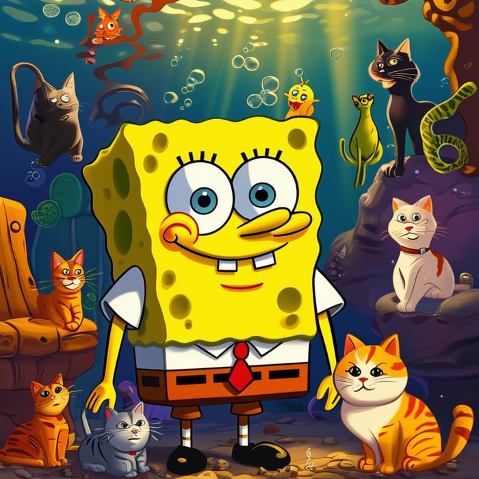 SpongeBob with Many Cats | Cute Cartoon Scene | AI Art Generator | Easy ...
