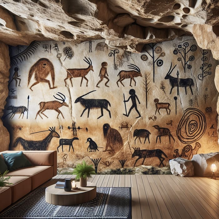Stone Age Cave Interior: Modern Design with Primitive Drawings | AI Art ...