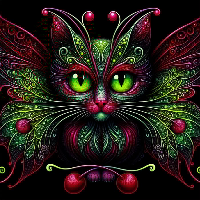 Vivid Cherry Red Cat with Neon Green Eyes and Butterfly Wings | AI Art ...