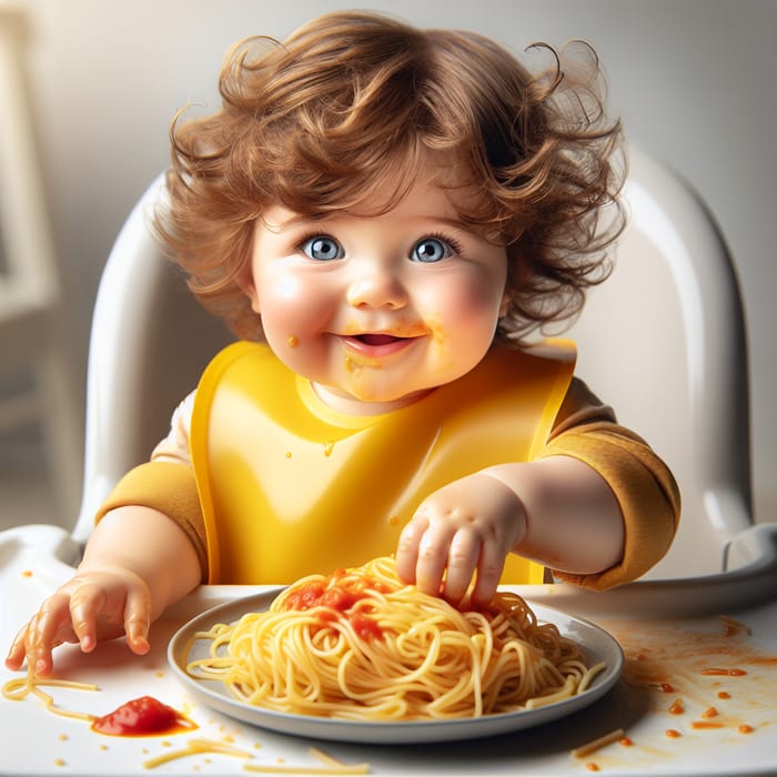 Joyful Baby with Spaghetti - Mealtime Fun | AI Art Generator | Easy ...
