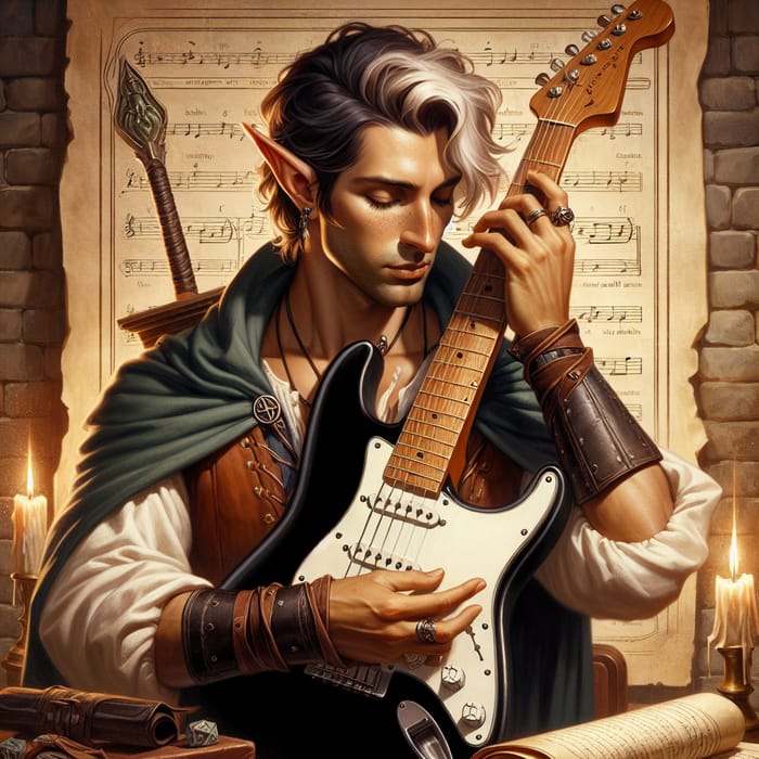 Half-Elf Bard with Black Fender Stratocaster - Magical Fantasy Art | AI ...