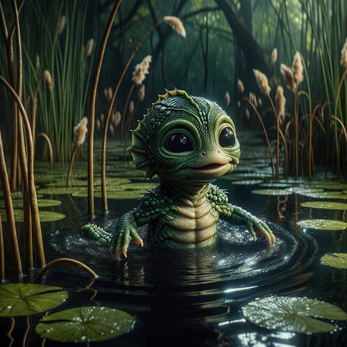 Baby Creature in Enchanting Dimly Lit Lagoon | AI Art Generator | Easy ...