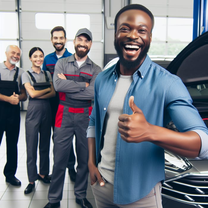 Happy Car Owner with Service Center Team | Quality Oil Change Service ...