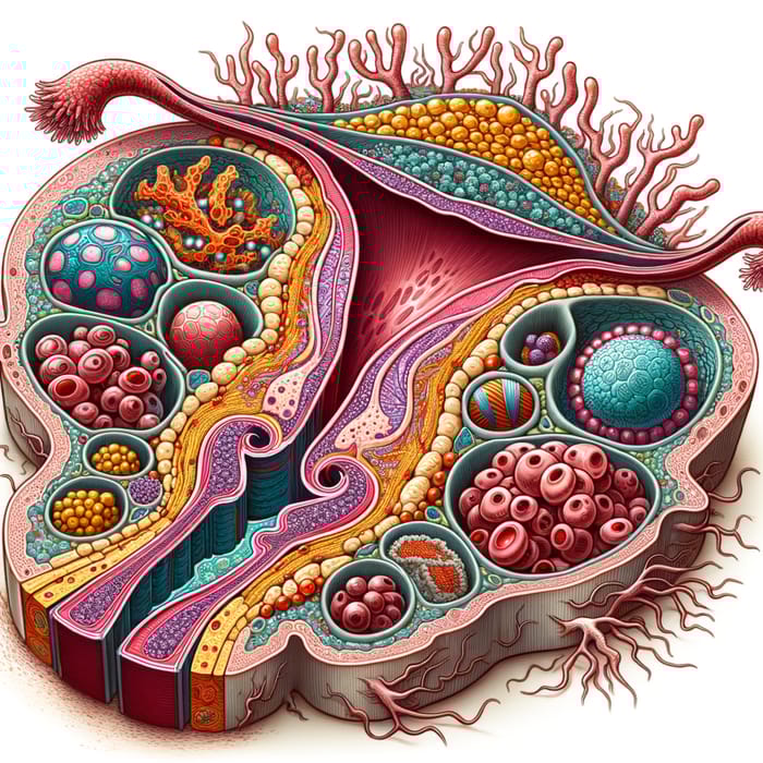 Illustration of Endometrial Tissue: Epithelial Cells, Glands & Blood ...