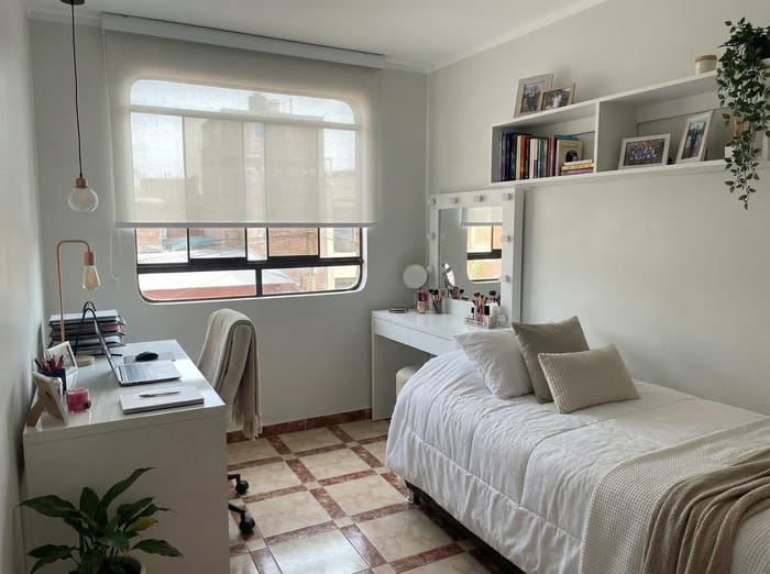 Modern Women's Room with Roller Window and White Furniture | AI Art ...