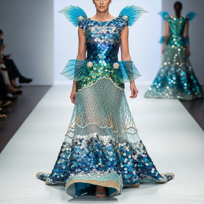 Eco-Friendly Ocean-Themed Long Dress for Runways | AI Art Generator ...
