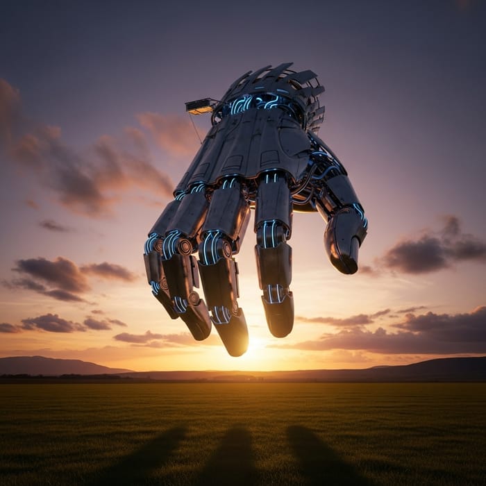 Giant Robotic Hand Floating in the Sky | AI Art Generator | Easy-Peasy.AI
