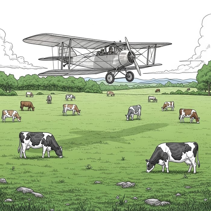 Vintage Airplane Over Cows in Pasture Line Drawing | AI Art Generator ...
