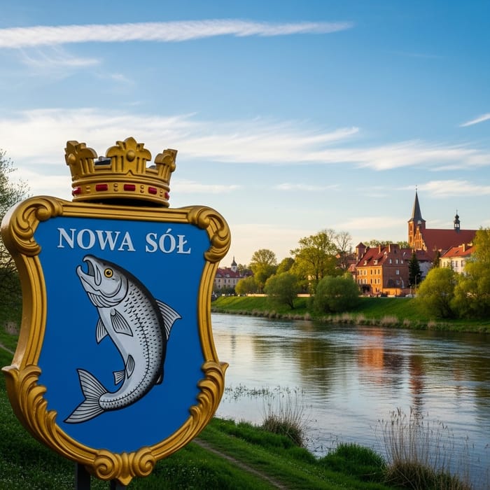 Nowa Sól Herb with River in Background | AI Art Generator | Easy-Peasy.AI